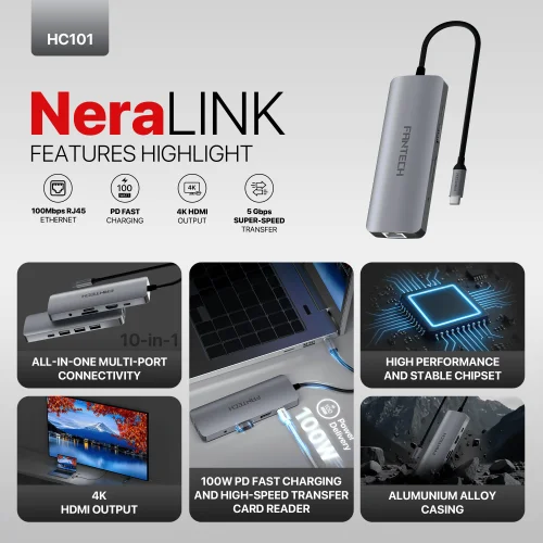 FANTECH HC101 NeraLink 10-in-1 USB-C Docking Station Hub I USB Extension